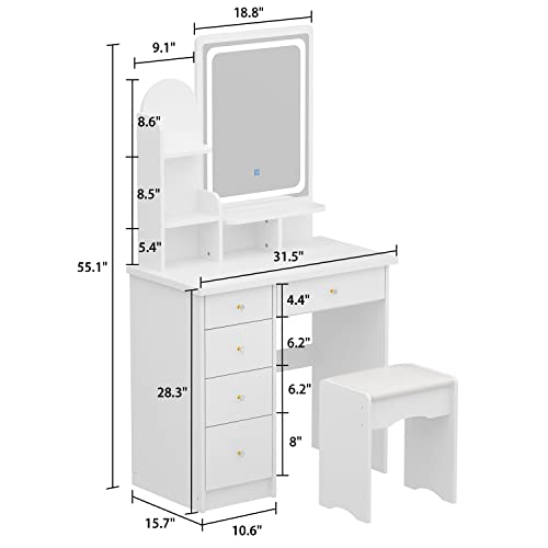 FUFU&GAGA Vanity Set with Mirror, Makeup Vanity Dressing Table with 5 Drawers, Shelves, Dresser Desk and Cushioned Stool Set (Lighted Mirror Vanity Set, 31.5" W x 15.7" D x 55.1" H)