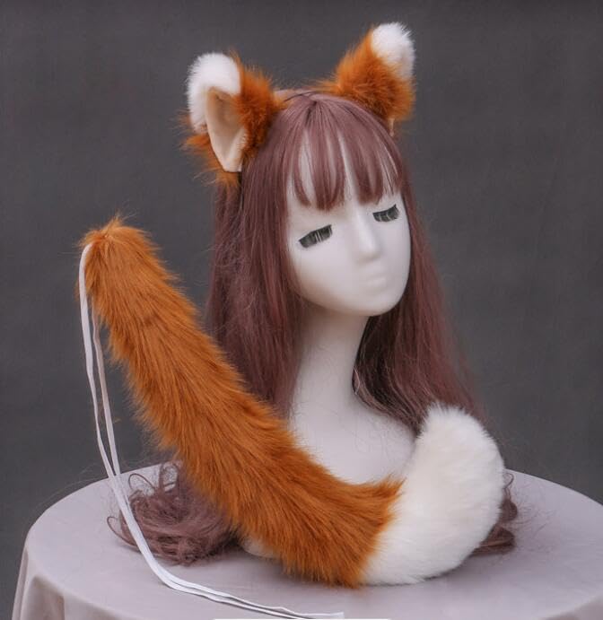 BSTANG Anime Party Cat Cosplay Costume Cat Ears Tail 19.7'' Fox Tail Cos Children Gift (Tan White Tail Hairband Set)
