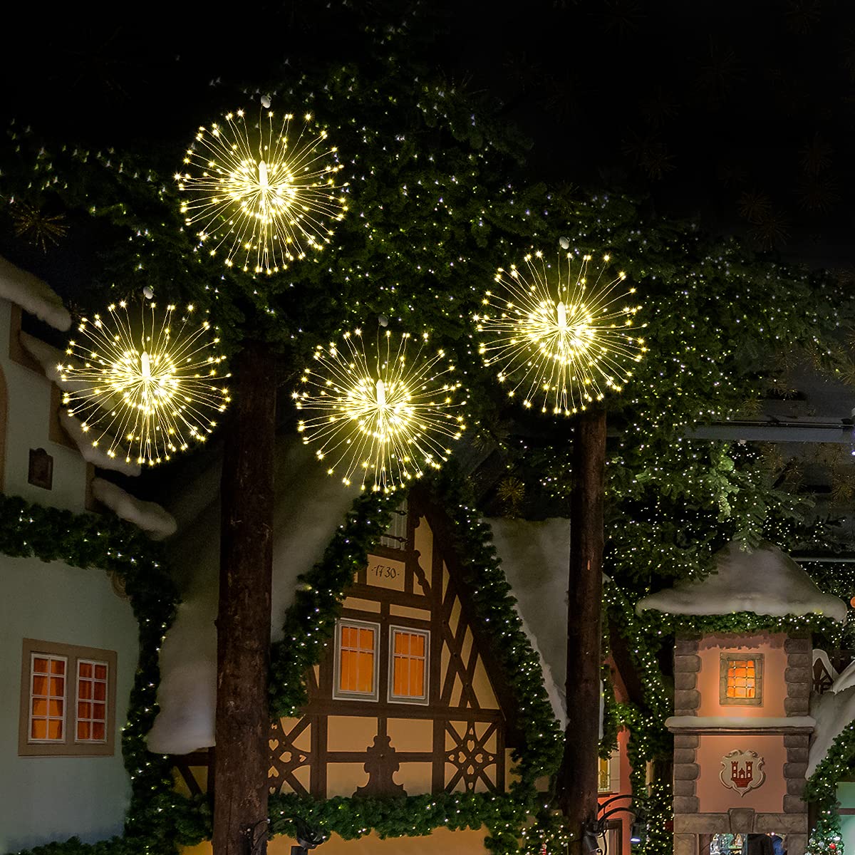 Firework Lights, 4 Pack 120 LED Copper Wire Starburst String Lights with 8 Modes Remote Waterproof Hanging Fairy Decorative Lights for Wedding Party Christmas Garden Patio Home Decoration(Warm White)