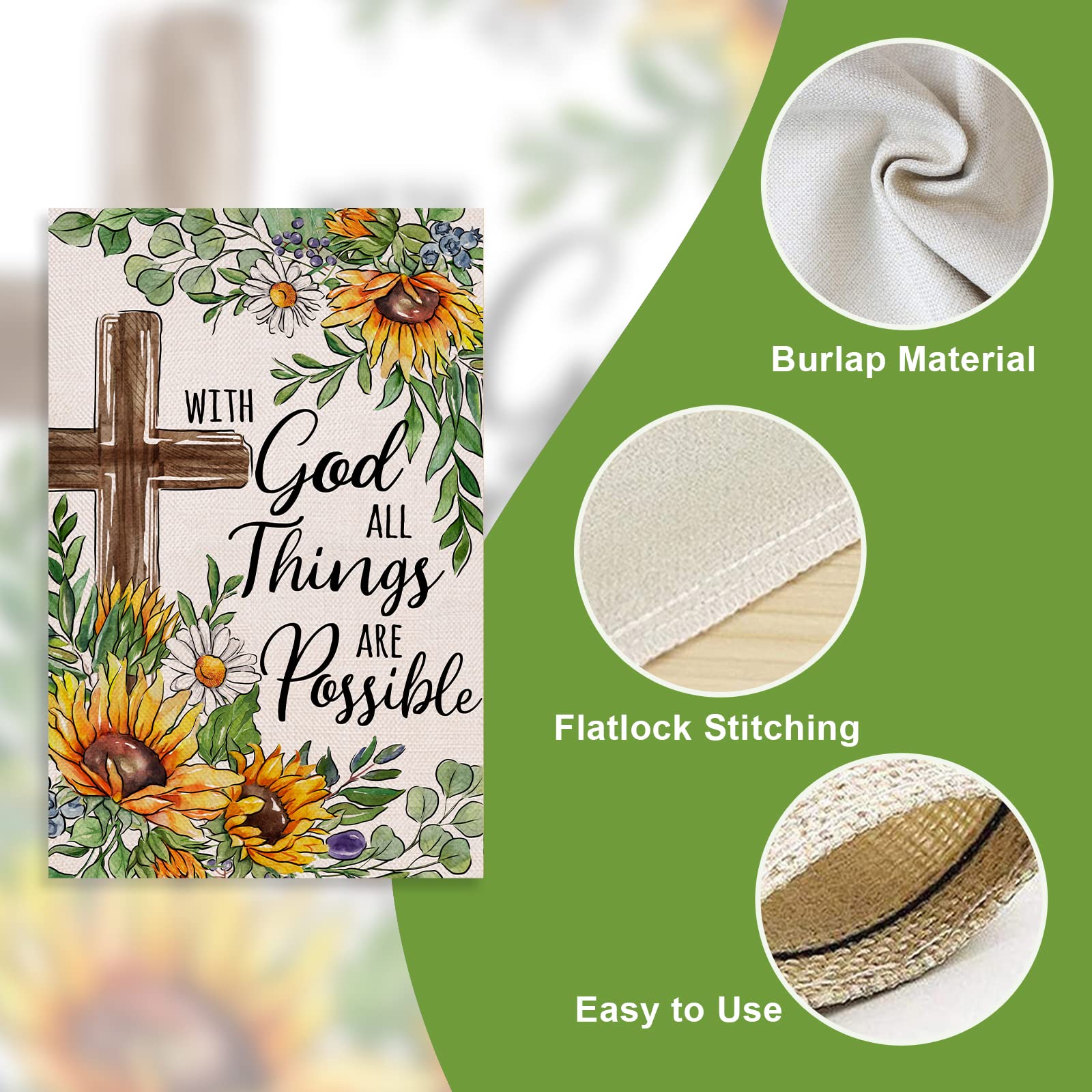 Covido With God All Things Are Possible Religious Spring Summer Easter Decorative Garden Flag, Cross Sunflower Yard Outside Decorations, Inspirational Fall Autumn Outdoor Small Home Decor 12 x 18