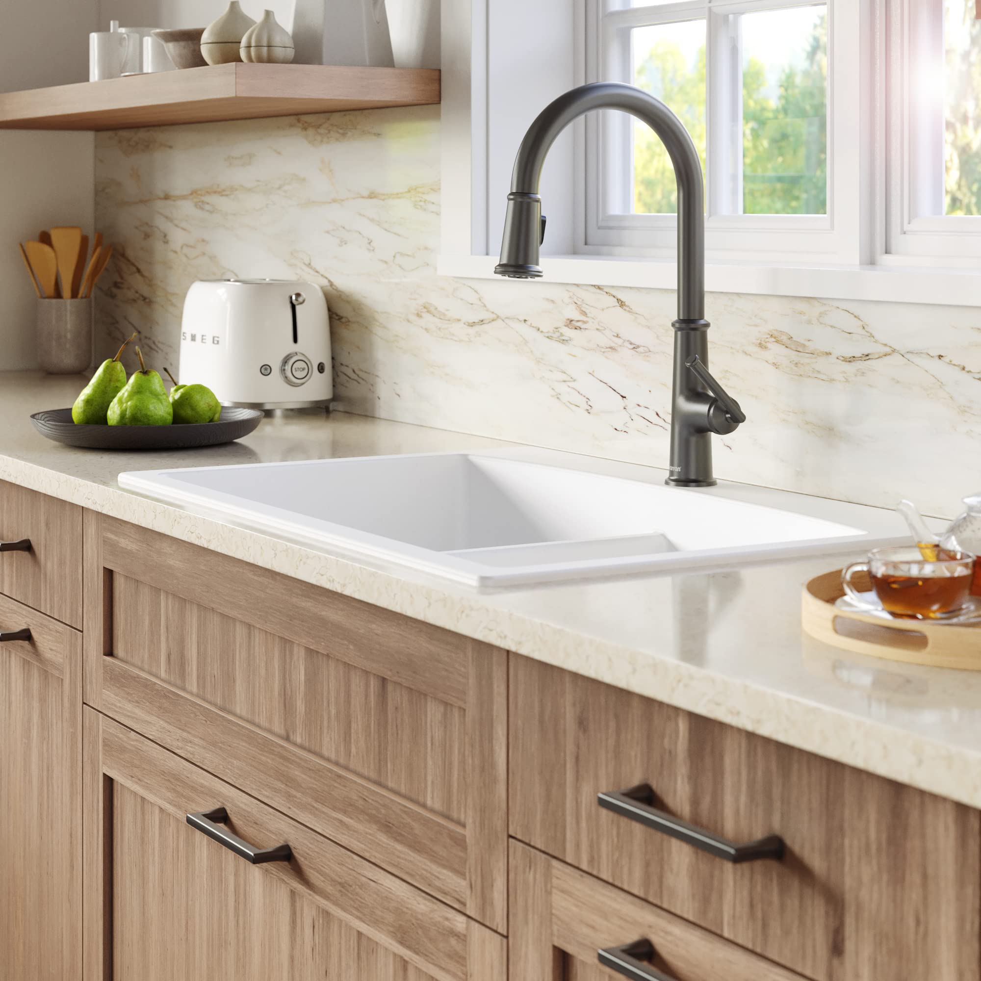 Karran QT-710 Drop-in Quartz Composite 33 in. 1-Hole 50/50 Double Bowl Kitchen Sink Kit in White