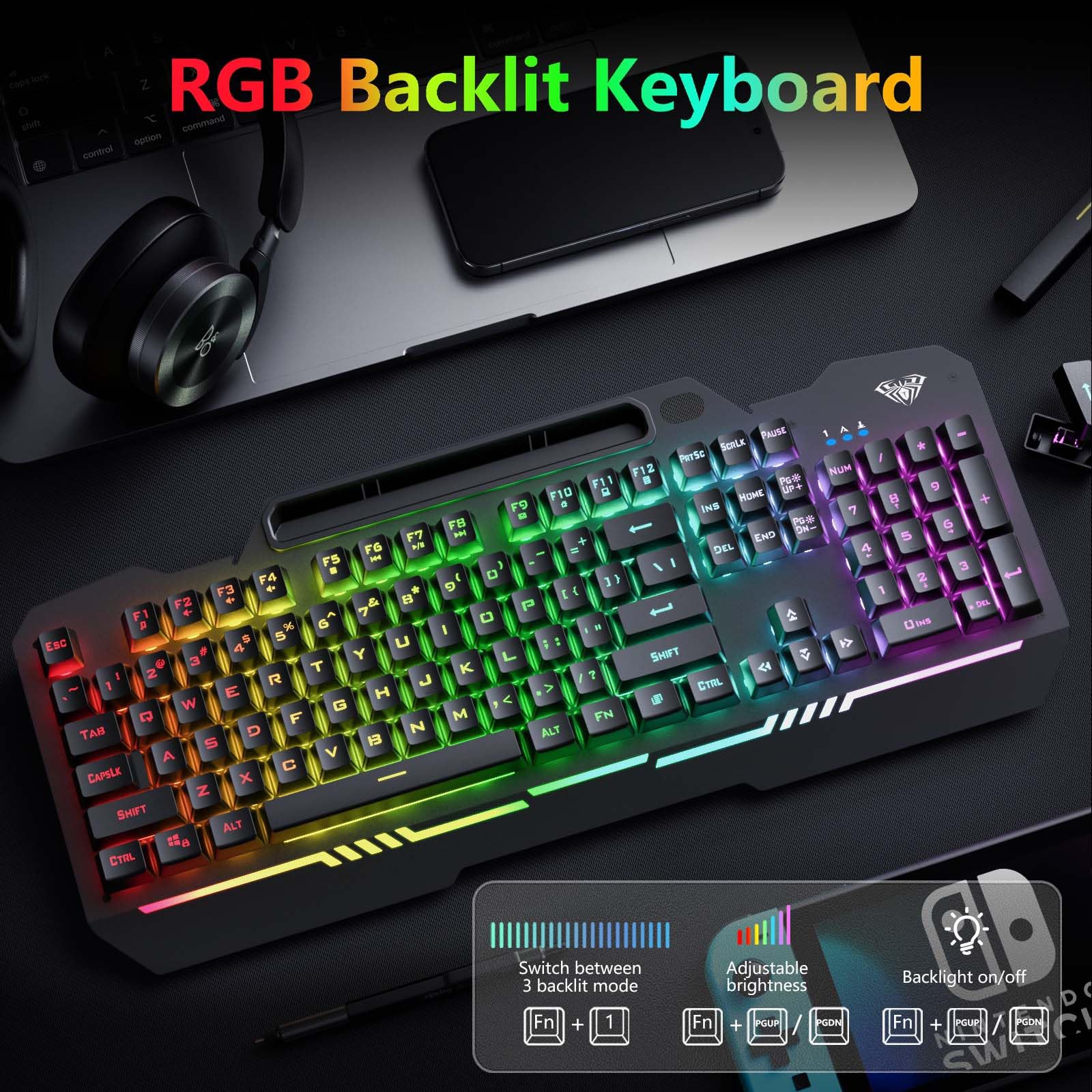 AULA Gaming Keyboard, 104 Keys Gaming Keyboard and Mouse Combo with RGB Backlit, All-Metal Panel, PC Gaming Keyboard Mouse, Wired Keyboard for MAC Xbox PC Gamers (Black Keycaps + Silver Matt Panel)