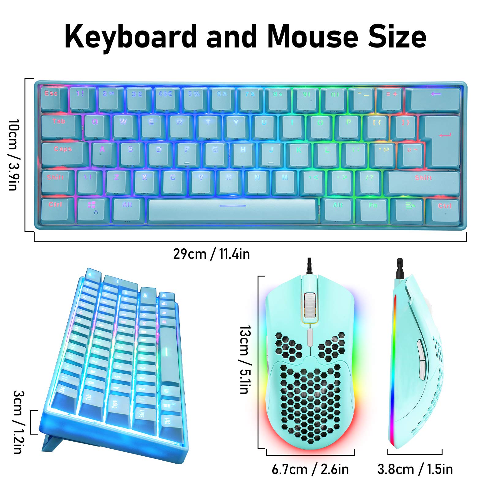 Mechanical Gaming Keyboard and Lightweight Honeycomb Mouse Combo with Rainbow RGB Backlit Full Anti-ghosting 61 Key Ergonomic Programmable Mice Wired USB for Laptop PC Gamer Typist(Blue/Blue Switch)
