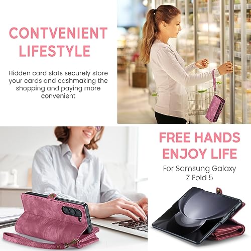 phone flip case Wallet Case Compatible with Samsung Galaxy Z Fold 5,2 in 1 Detachable Premium Leather Magnetic Zipper Pouch Wristlet Flip Phone Case,Matte Soft Leather+TPU Bottom Shell Case W Card Hol