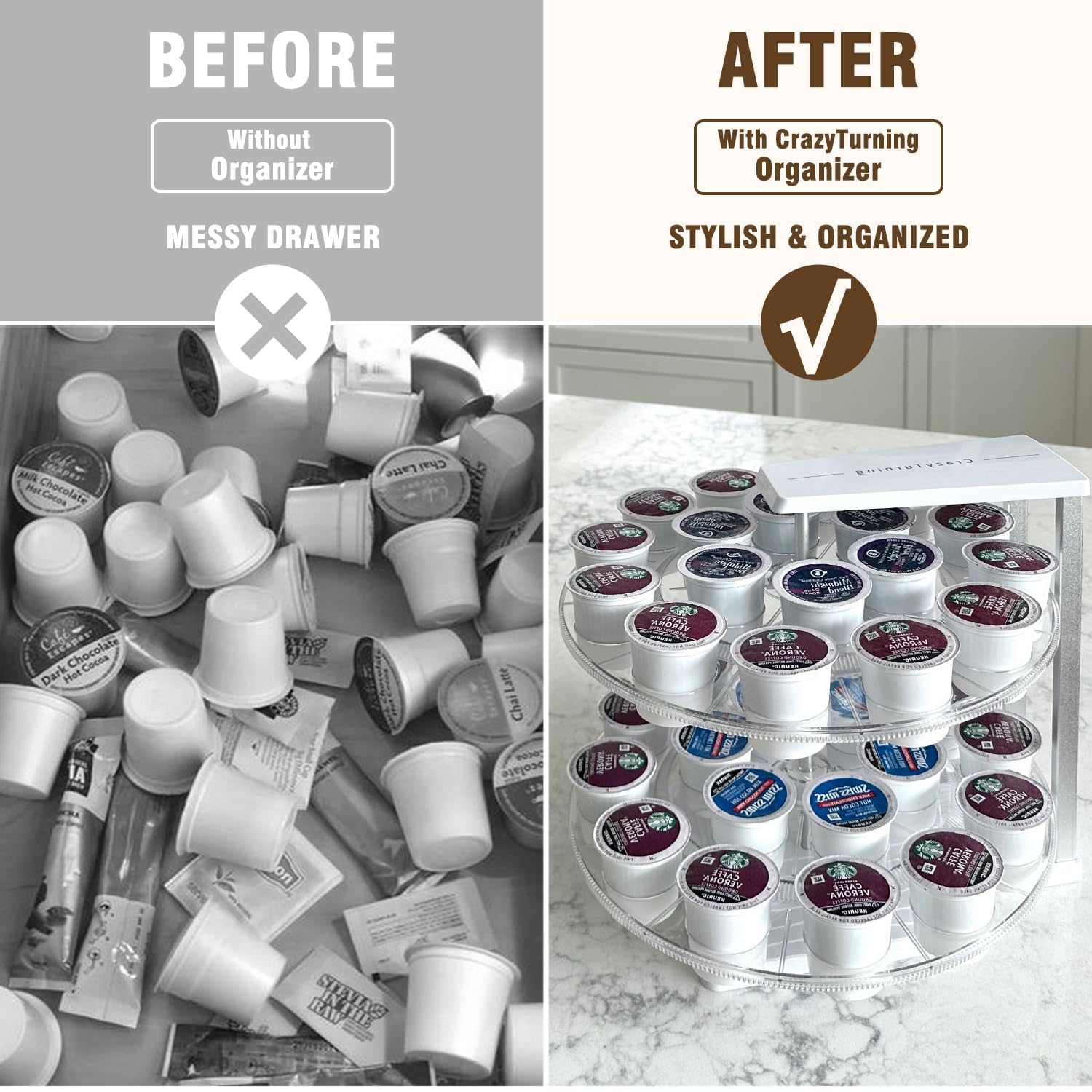 CrazyTurning K Cup Holder, K Cup Organizer, kcup 36 Coffee Pod Holder, 360ยฐ Double Layer Rotation Storage, kcup Lazy Susan for Coffee Station Countertop Cabinet - 36 K Pods