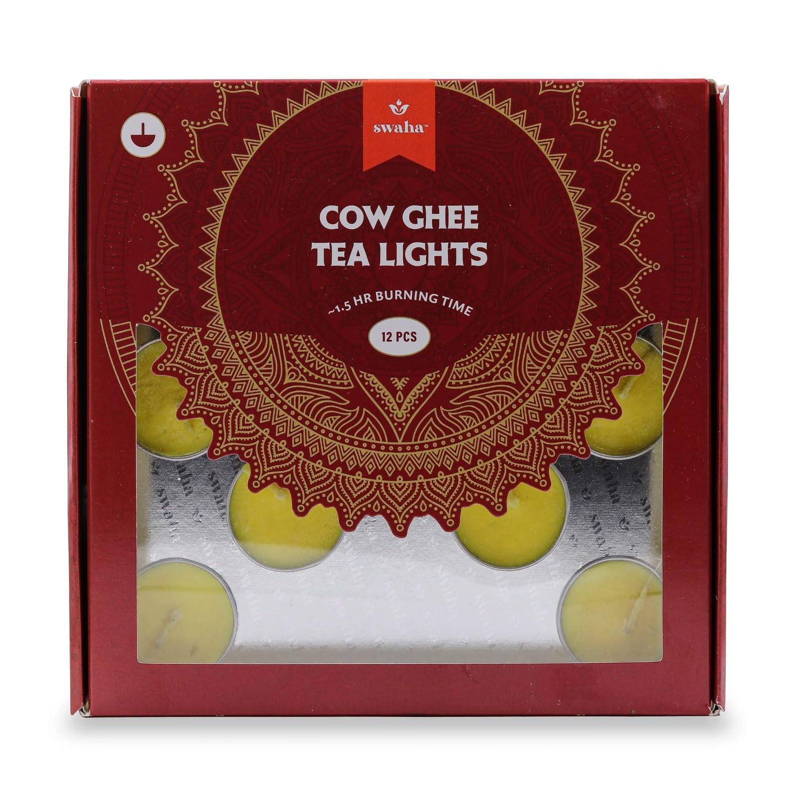 Swaha Ghee Tea-Lights, 12 pcs, 1.5 Hour Burning time for Puja, Yoga & Meditation