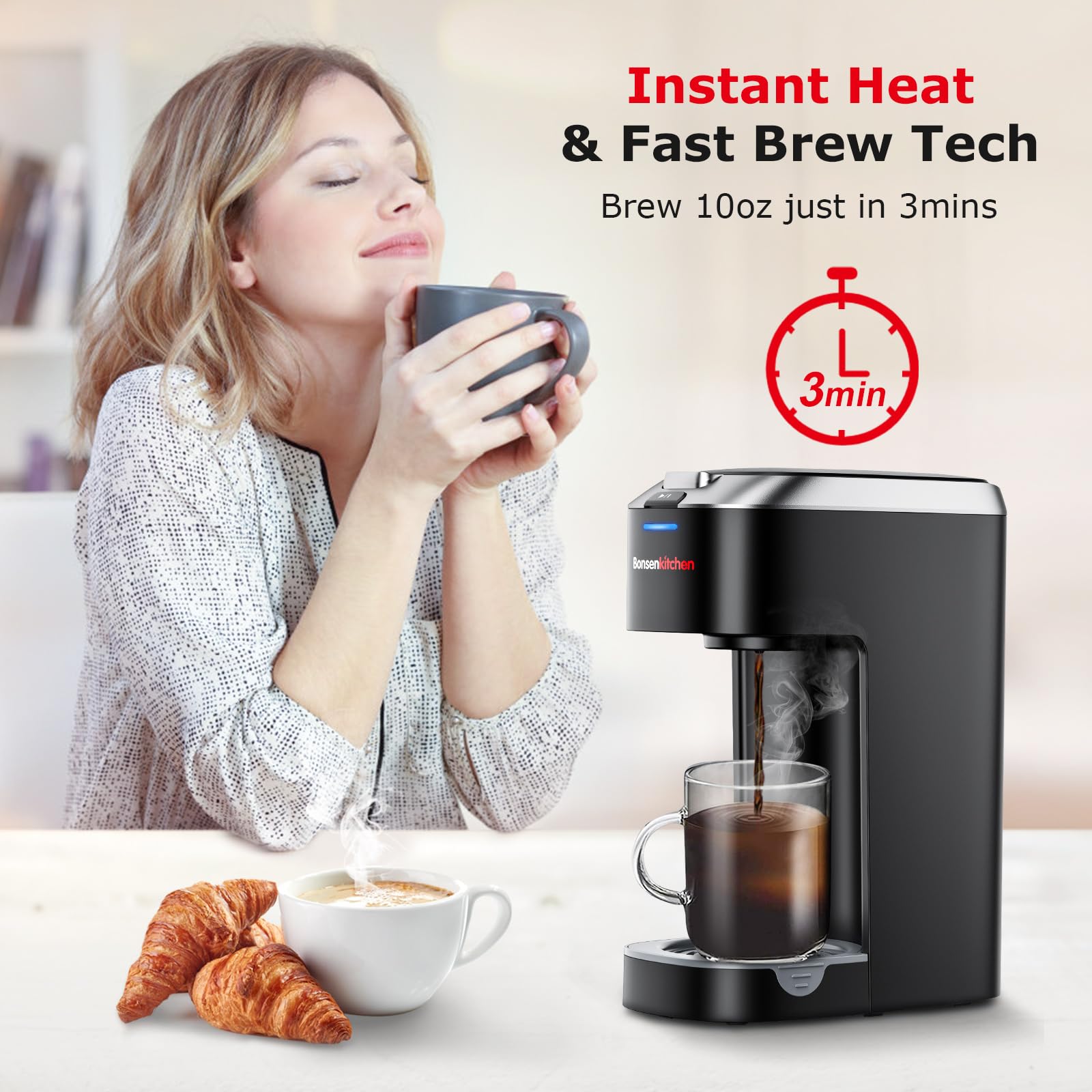 Bonsenkitchen Single Serve Coffee Maker, Coffee Brewer for K Cup Capsule, Fast Brewing Coffee Machine, 6 to 12oz Brew Sizes, Space Saving Design