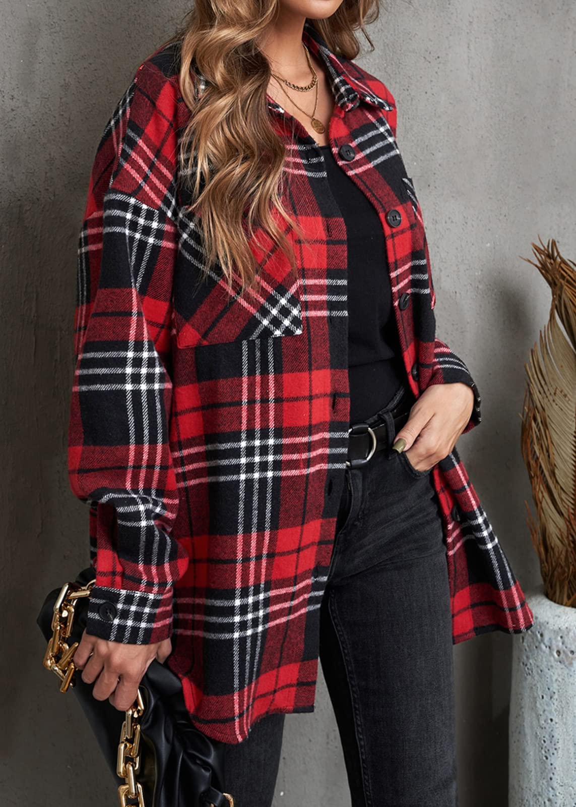 BTFBM Women's Long Sleeve Button Down Jackets Plaid Flannel Shirts Tops Casual Lapel V Neck Oversized Shackets Blouses Top (X-Large, Plaid Print Red)