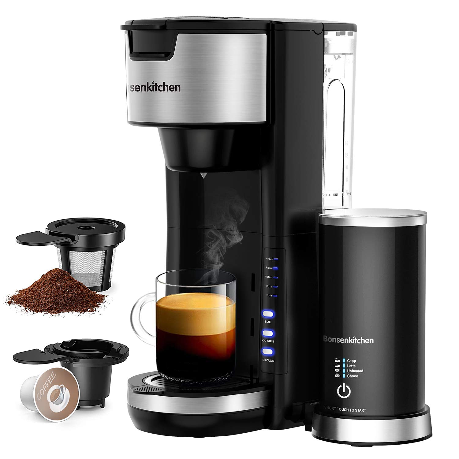 Bonsenkitchen Singles Serve Coffee Makers With Milk Frother, 2-In-1 Coffee Machine For K Cup Pod & Coffee Ground, Latte and Cappuccino Maker, Built in Portable Electric Milk Steamer