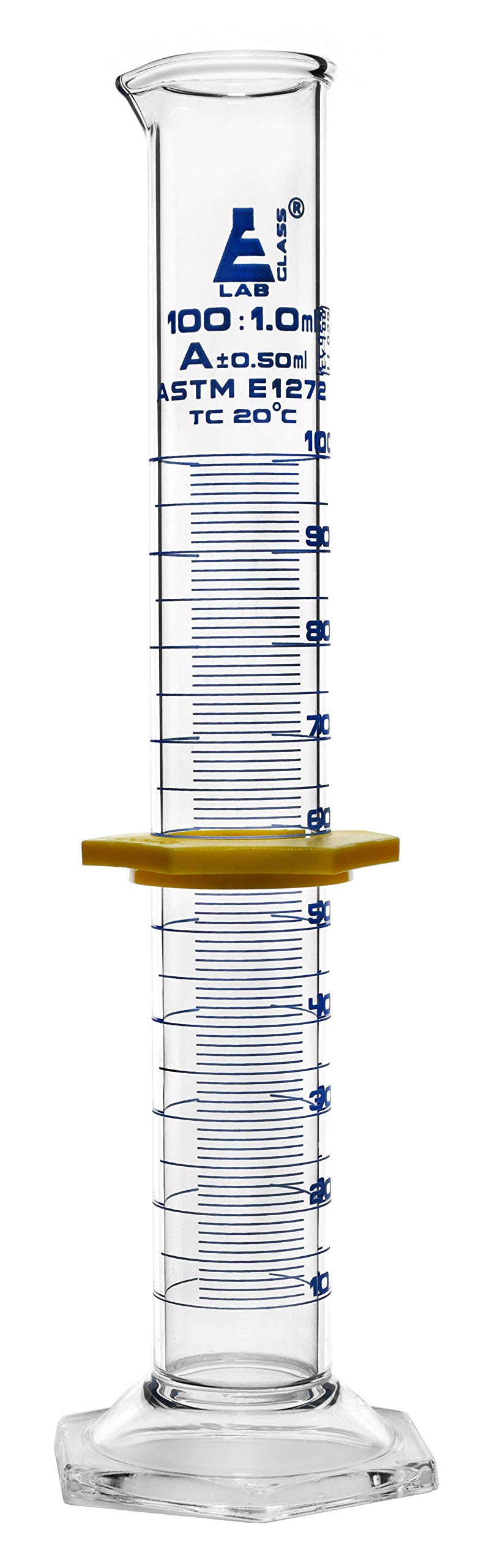 EISCO Graduated Cylinder, 100mL - ASTM, Class A Tolerance ±0.50mL - Protective Collar, Hexagonal Base - Blue Graduations - Borosilicate 3.3 Glass