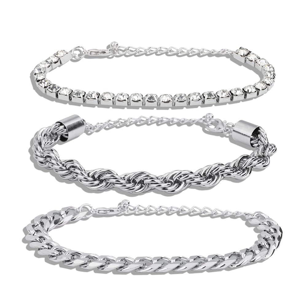 Octwine Fashion Rhinestones Bracelets Sets for Women Gold Silver Layered Chunky Pendant Charms Chain Stackable Wrap Bangle Adjustable Bracelet Jewelry Accessories for Women