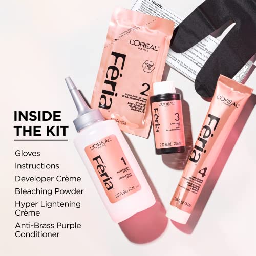 L’Oréal Paris Feria Platinum Bounce Bond Care Lightening System with Advanced bonding science protect fragile hair bonds from damage, all while radiantly lightening hair, Platinum Bounce, 1 kit