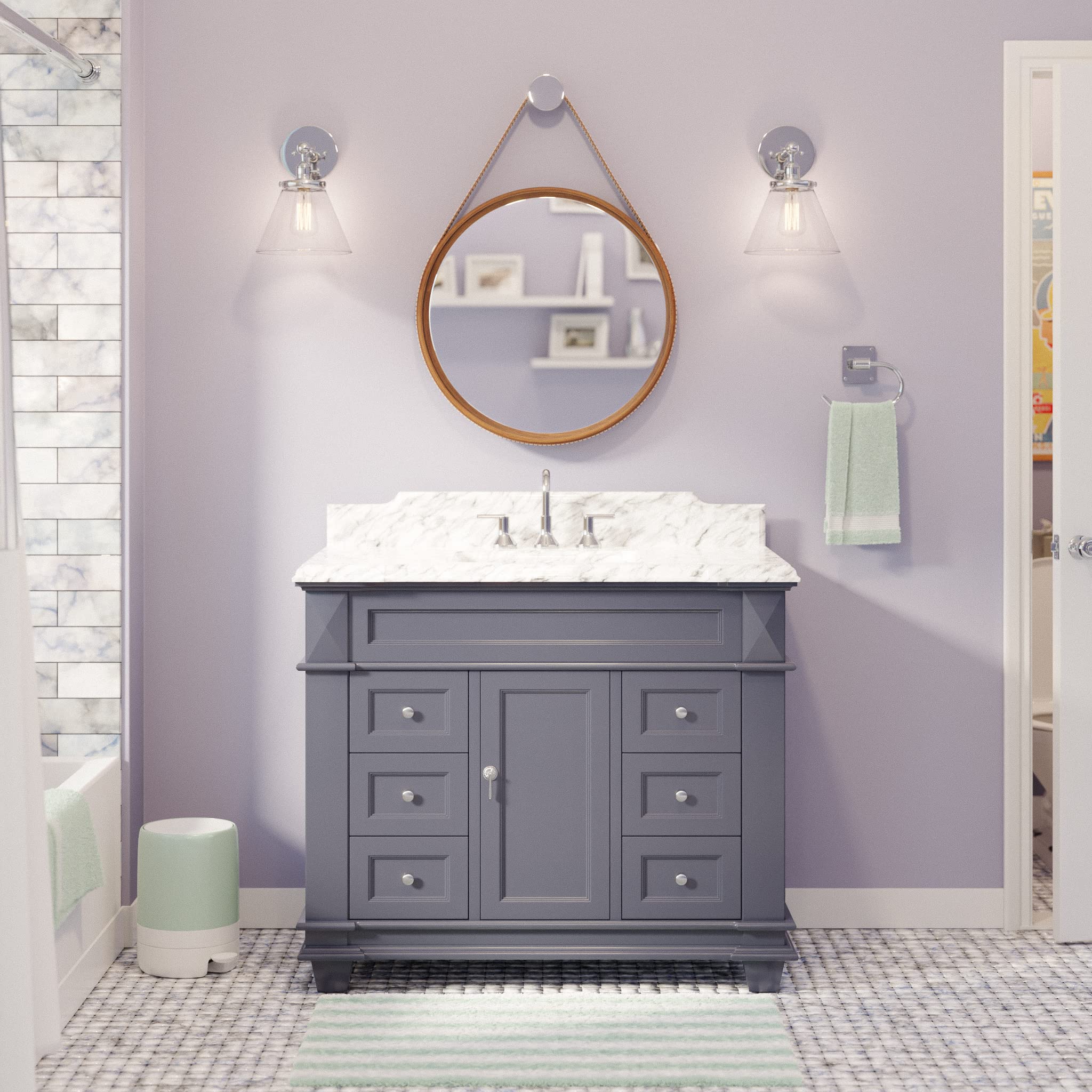 Elizabeth 42-inch Bathroom Vanity (Carrara/Royal Blue): Includes Royal Blue Cabinet with Authentic Italian Carrara Marble Countertop and White Ceramic Sink