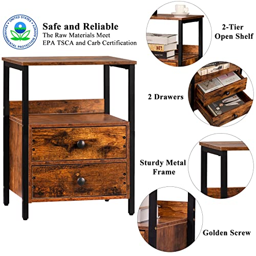 Lerliuo Nightstand, Side Table, Industrial Bedside Table with 2 Drawers and Open Shelf, Brown Night Stand, End Table with Steel Frame for Bedroom, Dorm, Brown/Black 23.6''H (Brown)