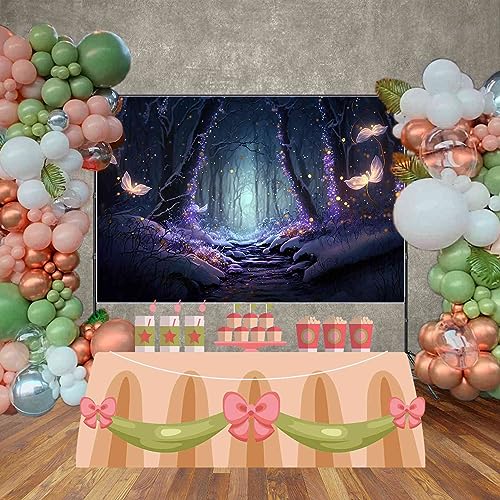 MOONDECO Photography Backdrop 7x5ft Butterfly Wonderland Forest Road Birthday Background Children Bluey Party Photo Booth Props Fire Fly Lamp Light Decorations