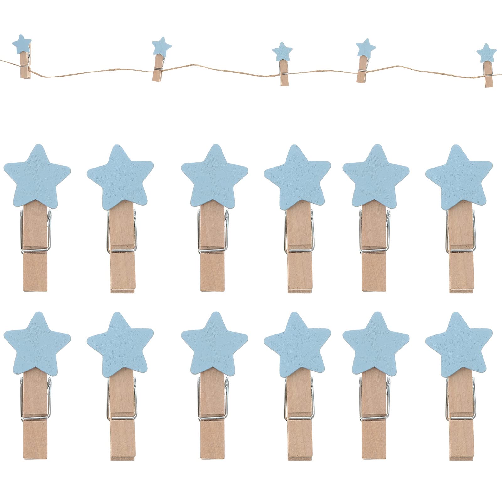 HEALLILY 100pcs Mini Wooden Clothespins Star Shape Wall Hanging Photo Clips Picture Pegs Craft Clips with Hemp Rope Blue
