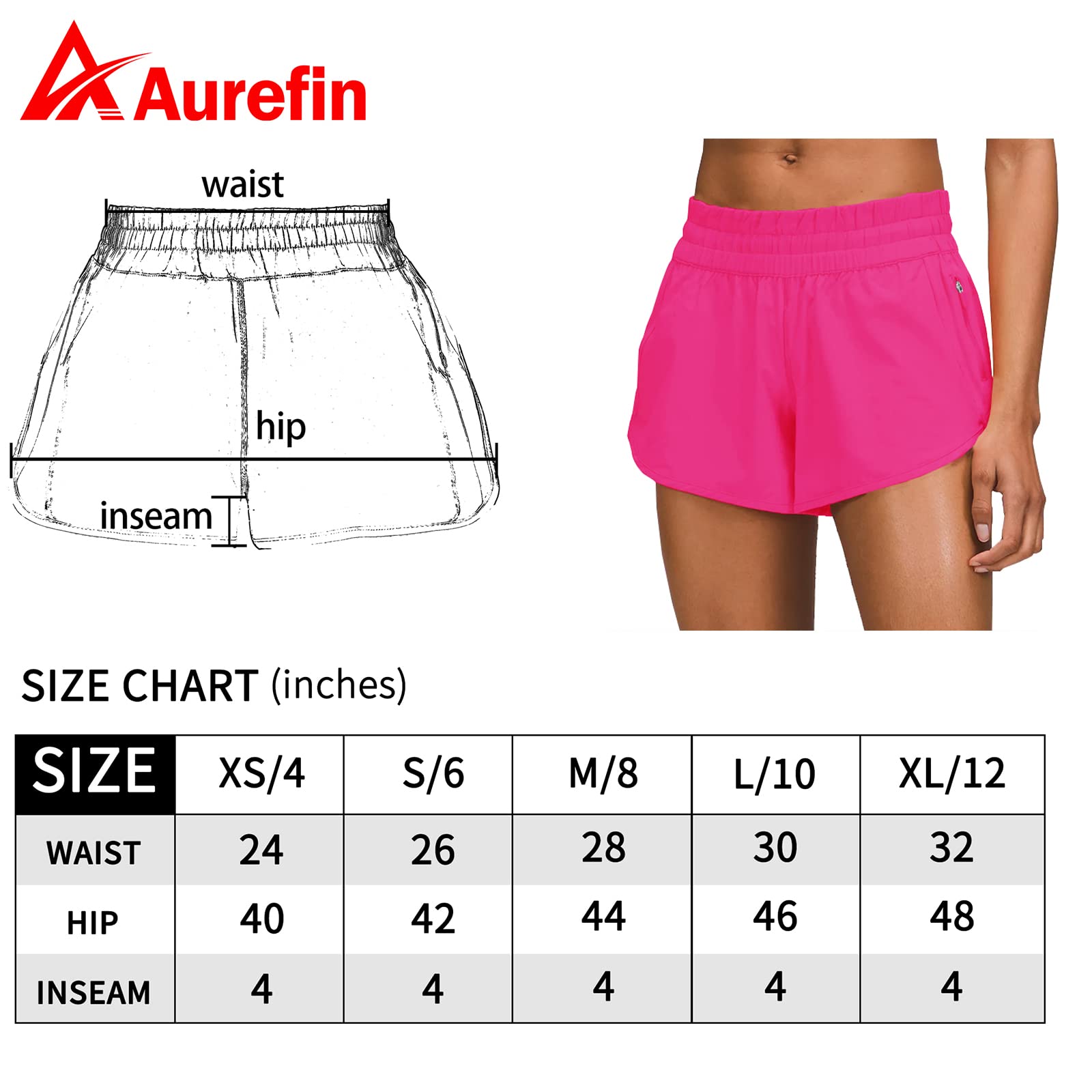Aurefin 4'' Women's Low Waisted Running Shorts,Quick Dry Athletic Shorts with Liner and Zipper Pocket 036sonic Pink/S