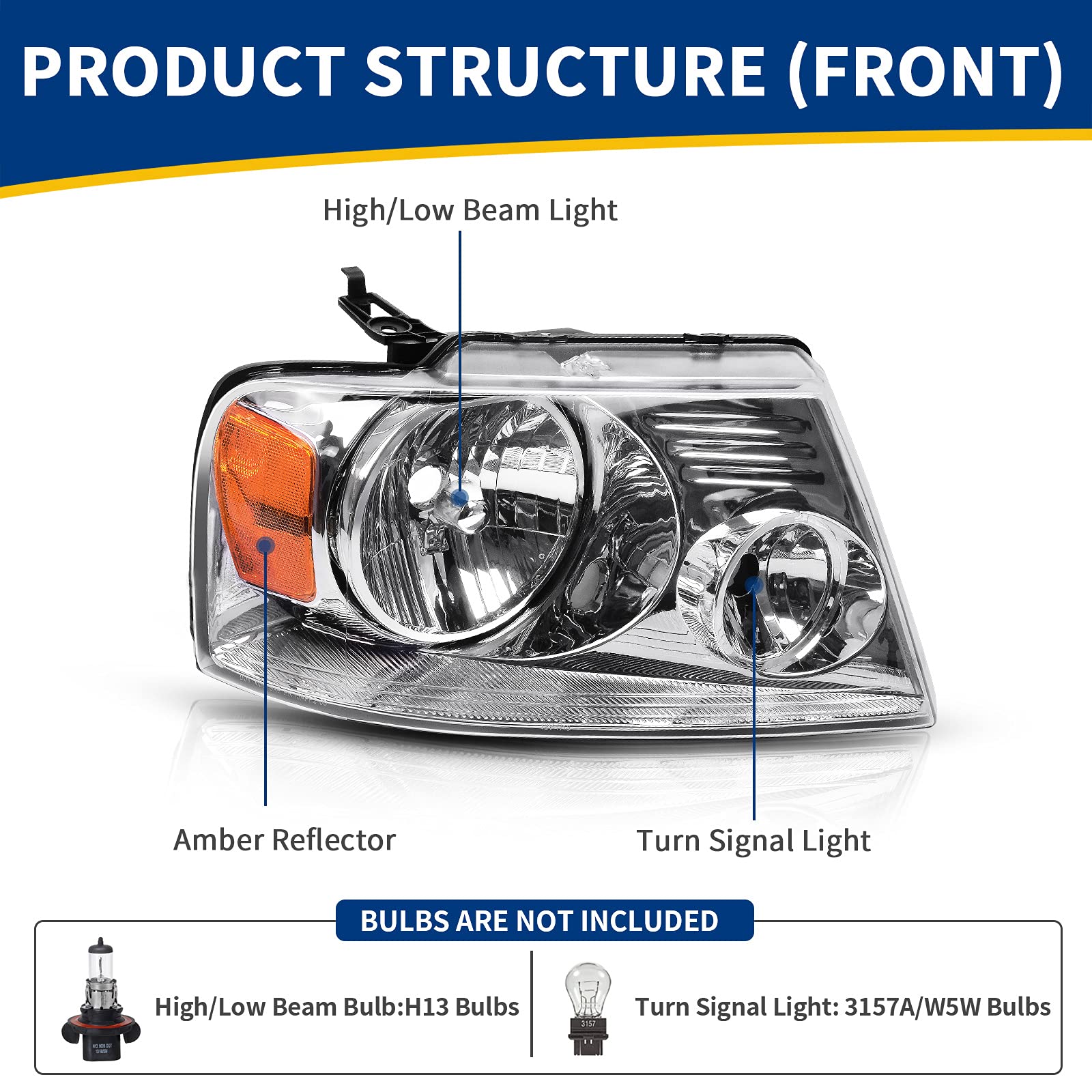 AUTOSAVER88 Headlight Assembly Compatible with 2004 2005 2006 2007 2008 Ford F-150 Passenger and Driver side Chrome Housing