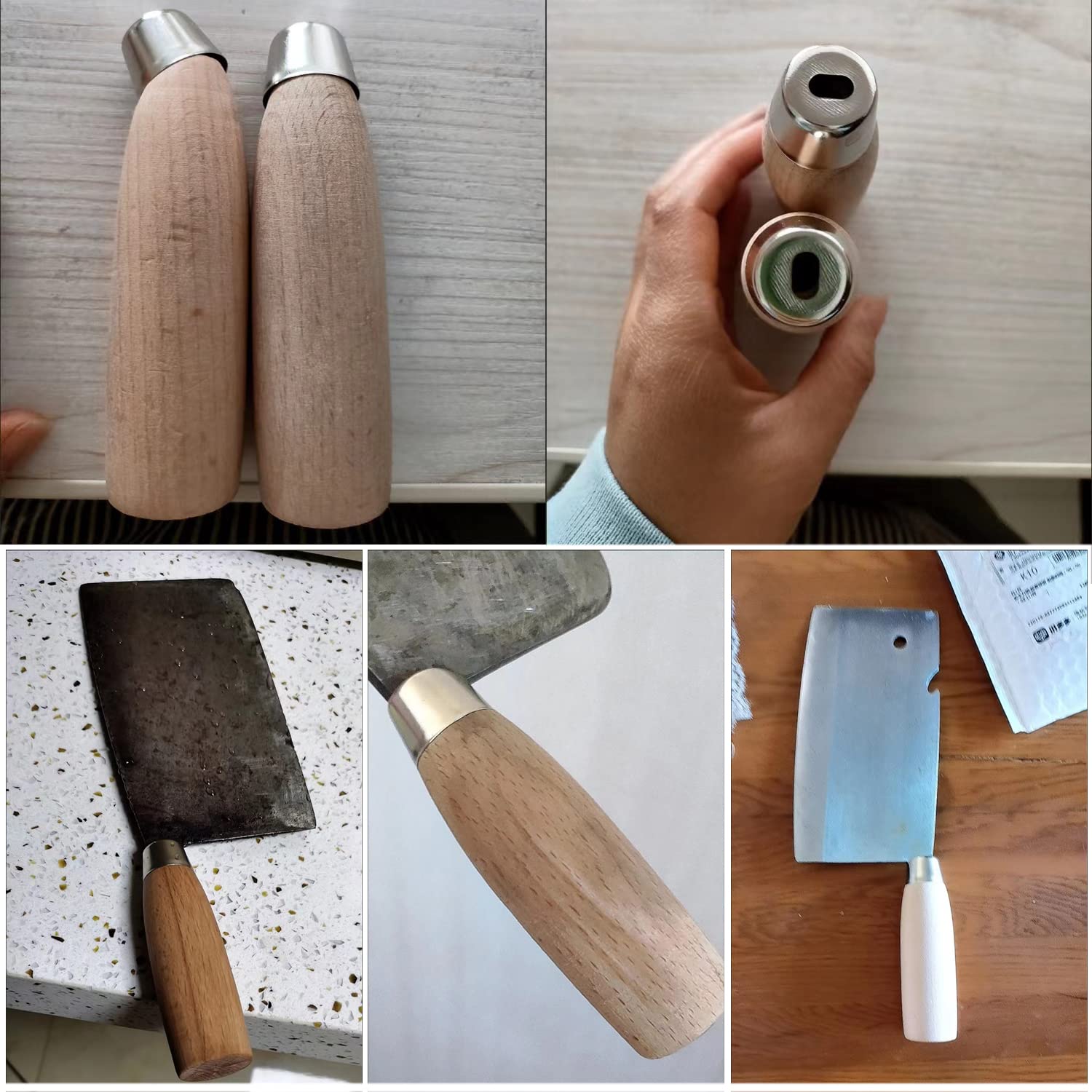 TorSor 2 Pack Kitchen Knife Handle Replacement Wooden Round Grip for Chinese Chef's Knives Vegetable Meat Cleaver Bone Chopper Japanese Cutter Repair Scales DIY Parts