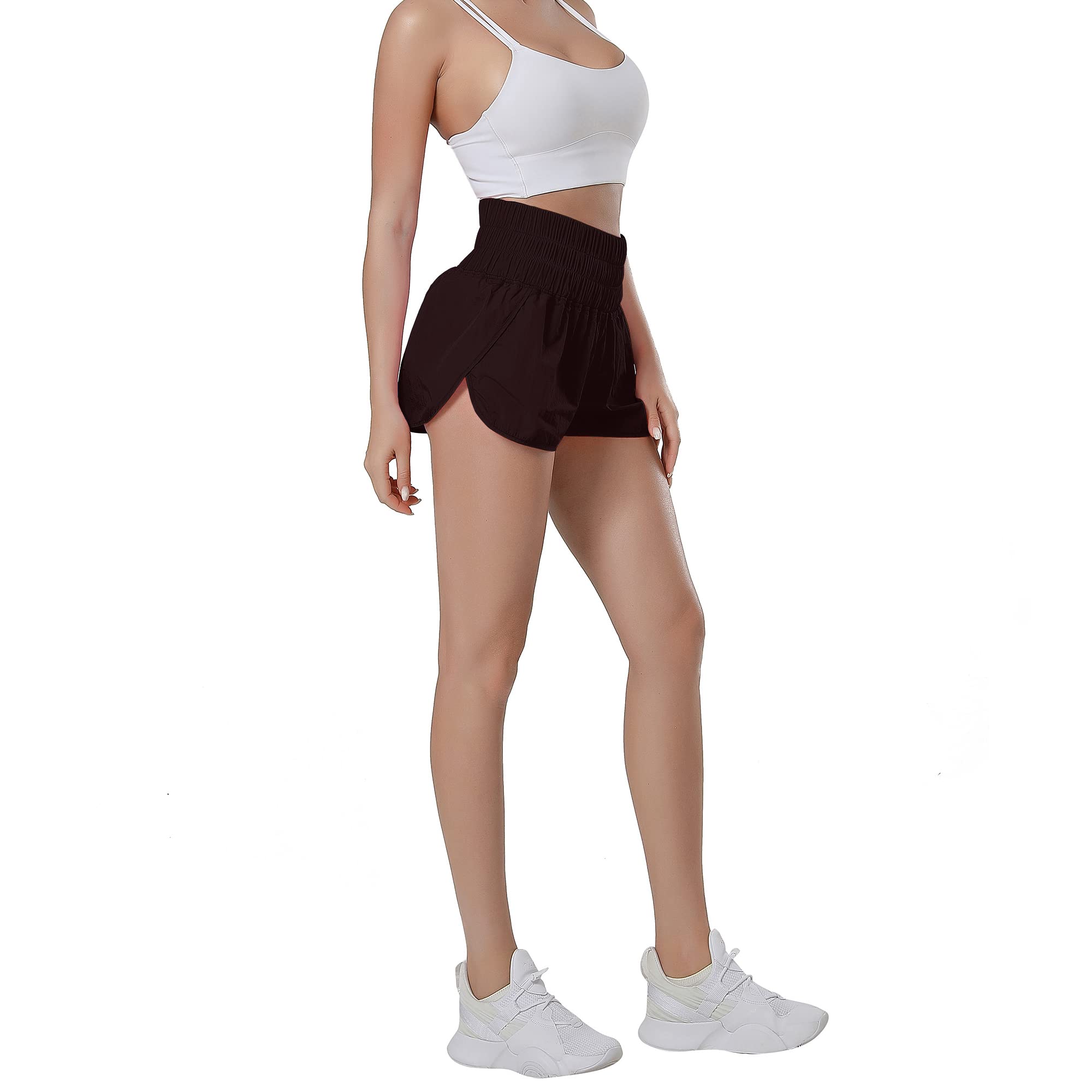 Aurefin High Waisted Athletic Shorts for Women,Womens Running Shorts with Mesh Liner Quick Dry Casual Workout Active Shorts Brown/L