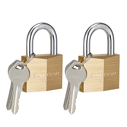 CINCINNO Solid Brass Padlock with Key, Key Lock with 1-9/16" Wide Body, 2 Pack Keyed Alike Locker Lock with Key