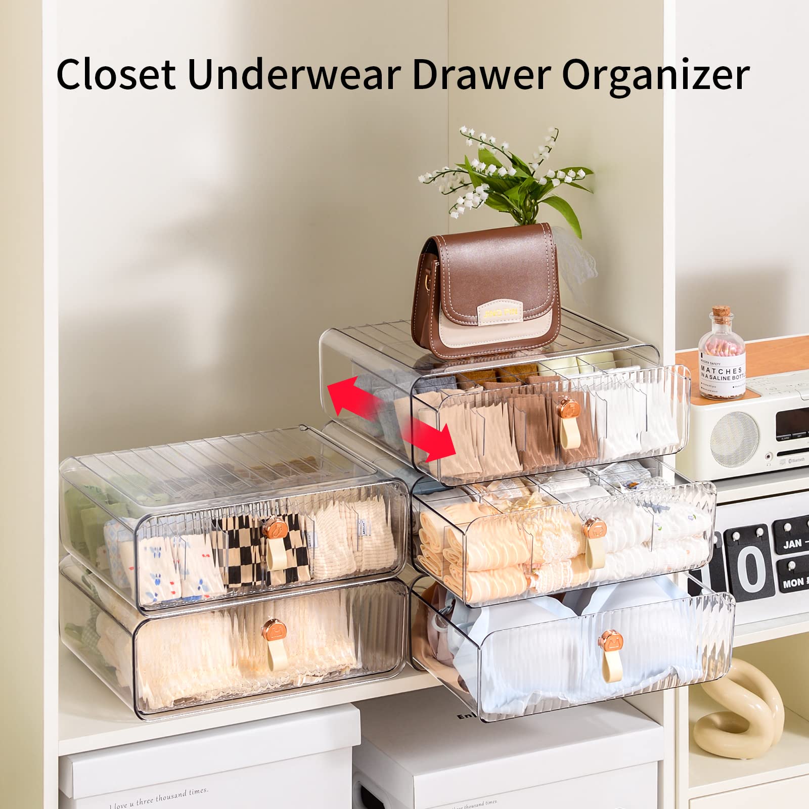 MSHOMELY Underwear Organizer, Socks Bra Underwear Drawer Organizer Dividers for Closet, 24 Cell Stackable Dresser Closet Organizer and Storage Bins for Clothing, Baby Clothes, Bra, Ties, Scarf