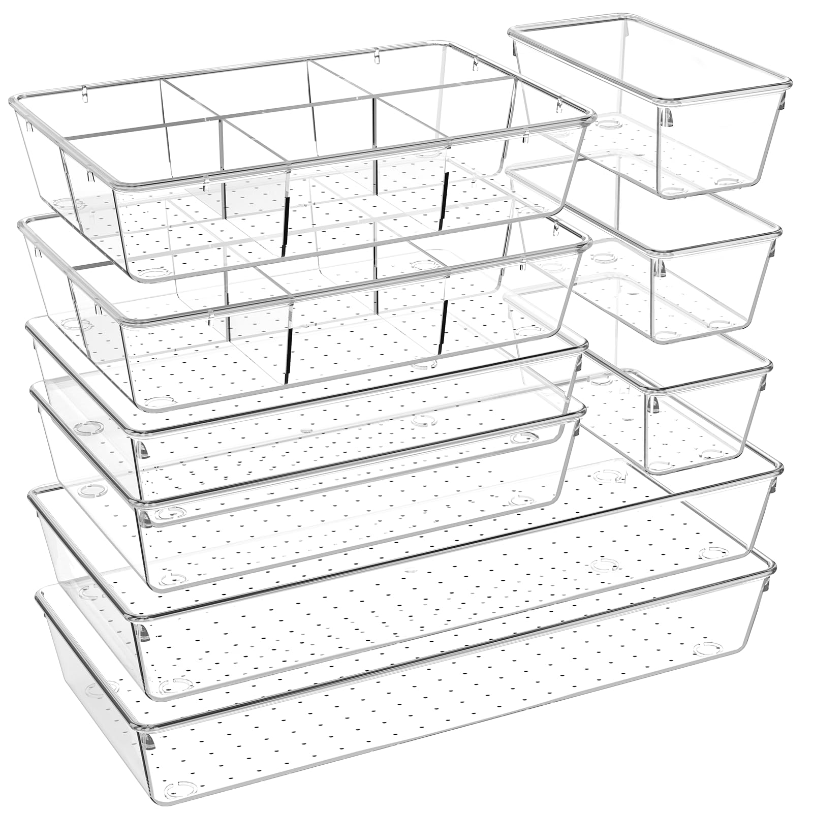 Criusia 9 Pack Drawer Organizer, 3 Sizes Clear Plastic Drawer Organization Storage Bins, Non-Slip Drawer Dividers for Makeup, Jewelry, Snacks, Office, Bedroom, Kitchen, Bathroom