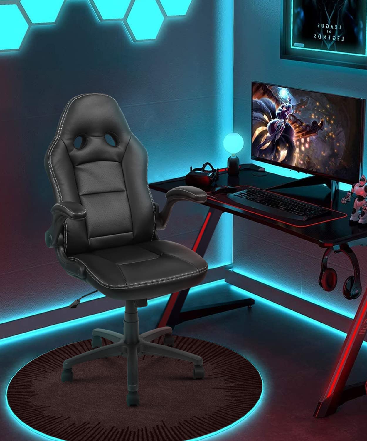 KLASIKA Computer Office Gaming Chair, Ergonomic Swivel Video Game Chairs with Flip Up Armrest Adjustable High Back Leather Desk Chair for Adults Women Men, Black