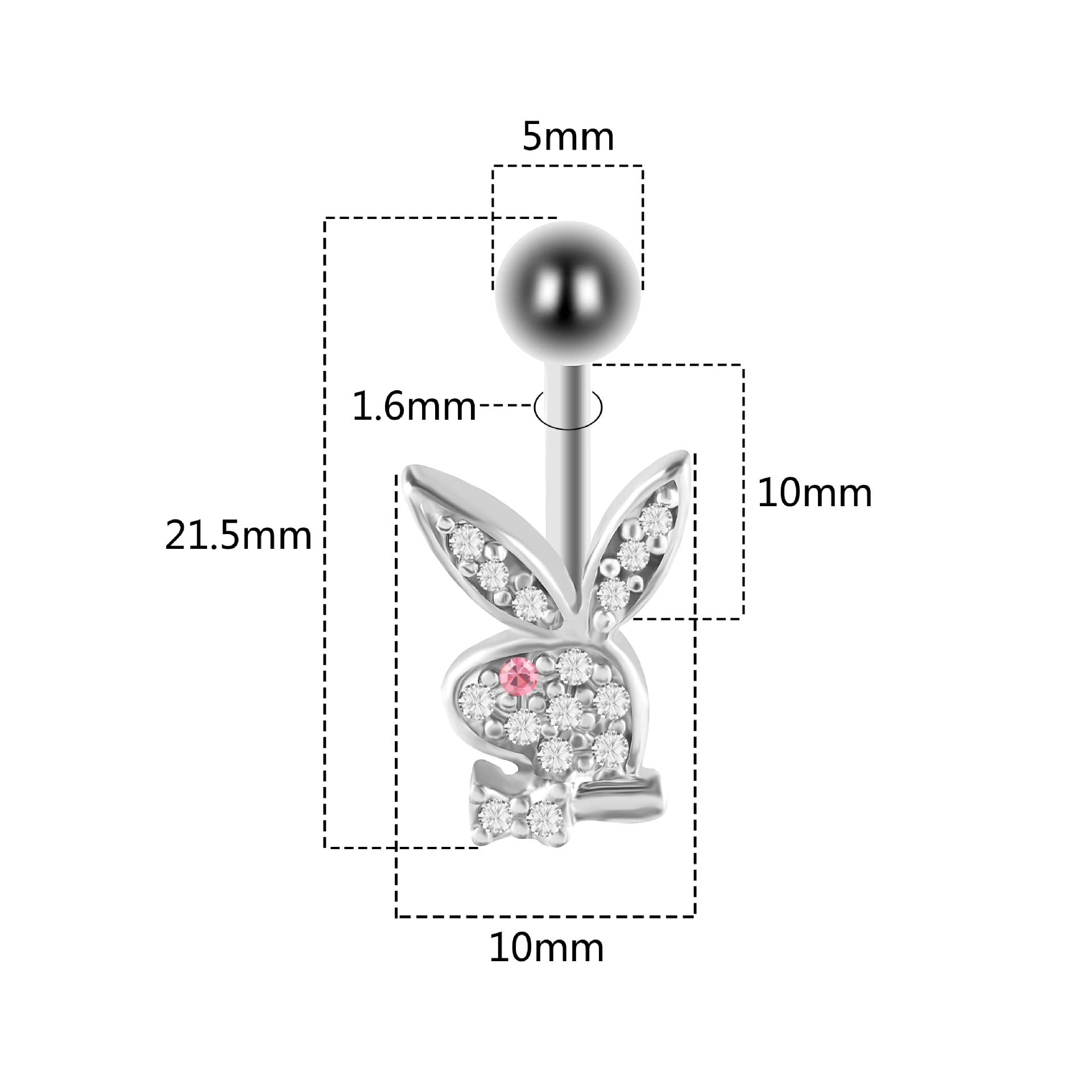Bunny Belly Button Nail Multi Rhinestone Paved 316L Surgical Steel Playboi Rabbit Dangle Navel Ring Barbell Body Piercing Jewelry For Adults, Silver