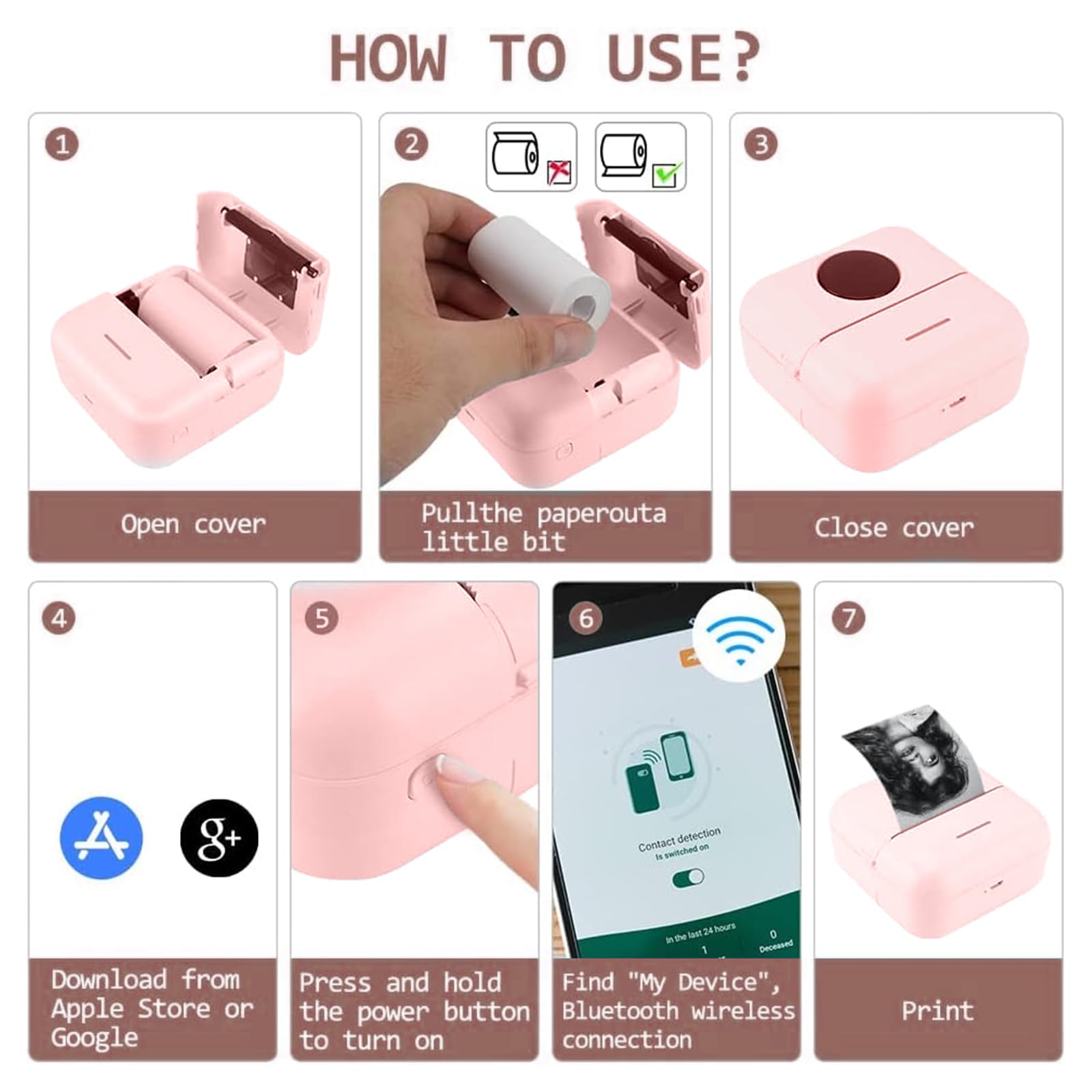 Crmanedy Portable Inkless Sticker Maker,Bluetooth Sticker Maker with 8 Rolls Paper,Compatible with iOS&Android,for DIY Making, Study Notes, memos, Lists, Work Plans, Graduation Gifts (Pink)