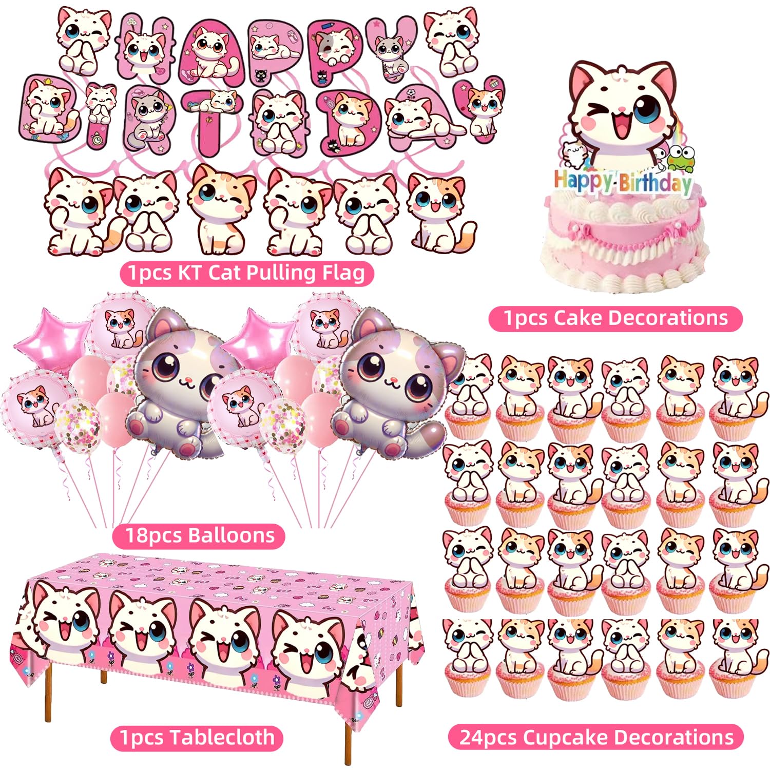 Cute kitten Birthday Decorations, Party Supplies Set Include Banner, kitten Balloons, Hanging Swirls, Cake Cupcake Toppers, Tablecloth for Kids Theme Party