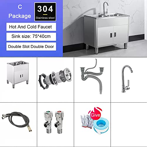 Kitchen Sinks,Outdoor Sink,With Cabinet Stainless Steel Sink,Commercial Restaurant Sink,For Business Restaurant, Cafe, Bar, Hotel, Garage, Laundry Room, Outdoor (Color : Set meal C, Size : 75X40CM)