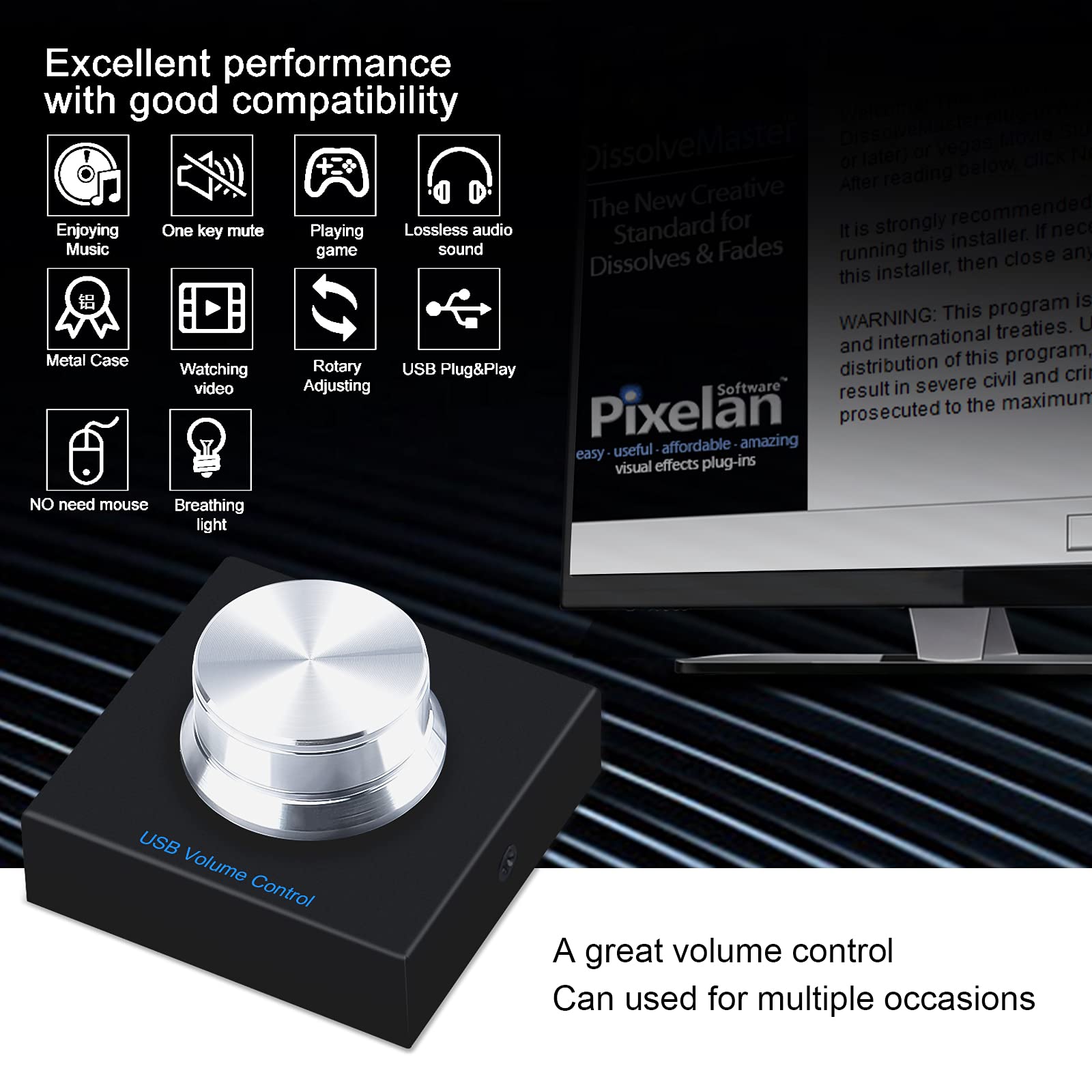 USB Volume Control Knob,Multimedia Controller with One-Click Mute Function,Audio Adjuster Compatible with Win7/8/10/XP/Mac/Vista/Android/IOS