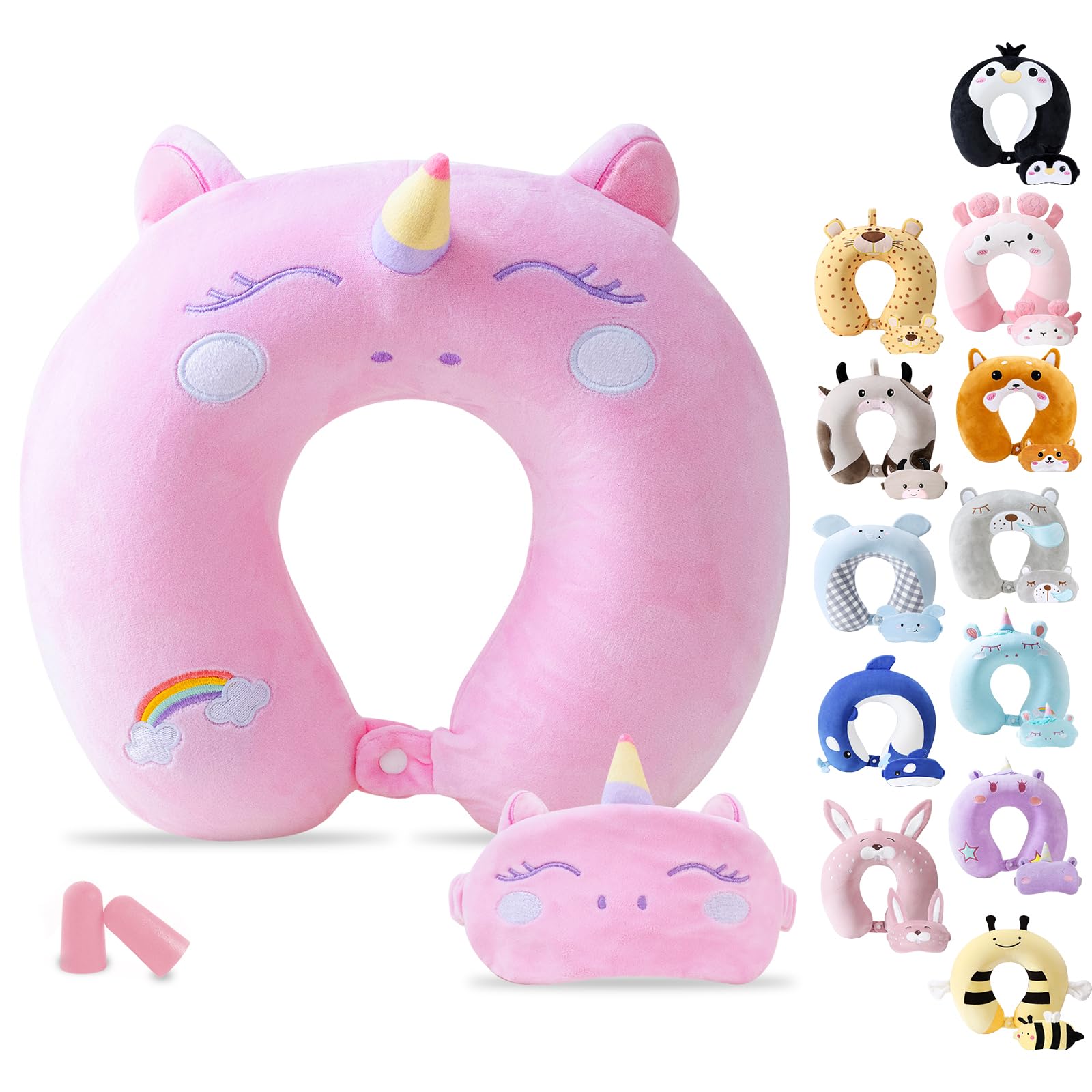 Cirorld Travel Pillow for Kids Adult Cute Neck Pillow for Traveling Memory Foam Airplane Pillow Sleep Mask Animal Flight Pillow Head Rest Neck Support for Cars Long Flights (Pink, 9-12 Y/O)