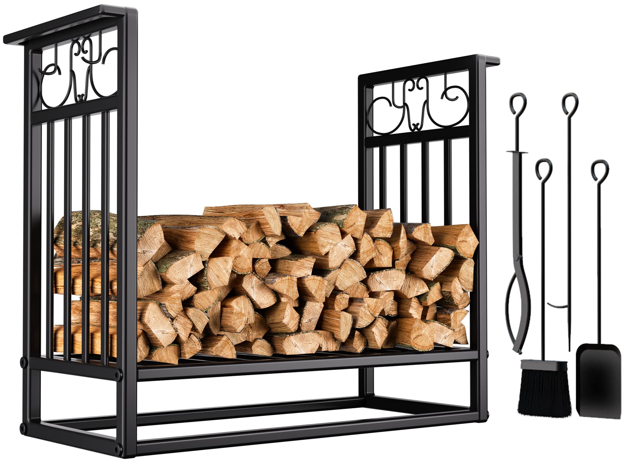 KLOLKUTTA Firewood Rack Indoor with Fireplace Tools Set,Large Fire Wood Racks Lumber Storage Logs Bin Heavy Duty Wood Stacker Stand Tools Accessories(29.5"x11.8"x23.6")