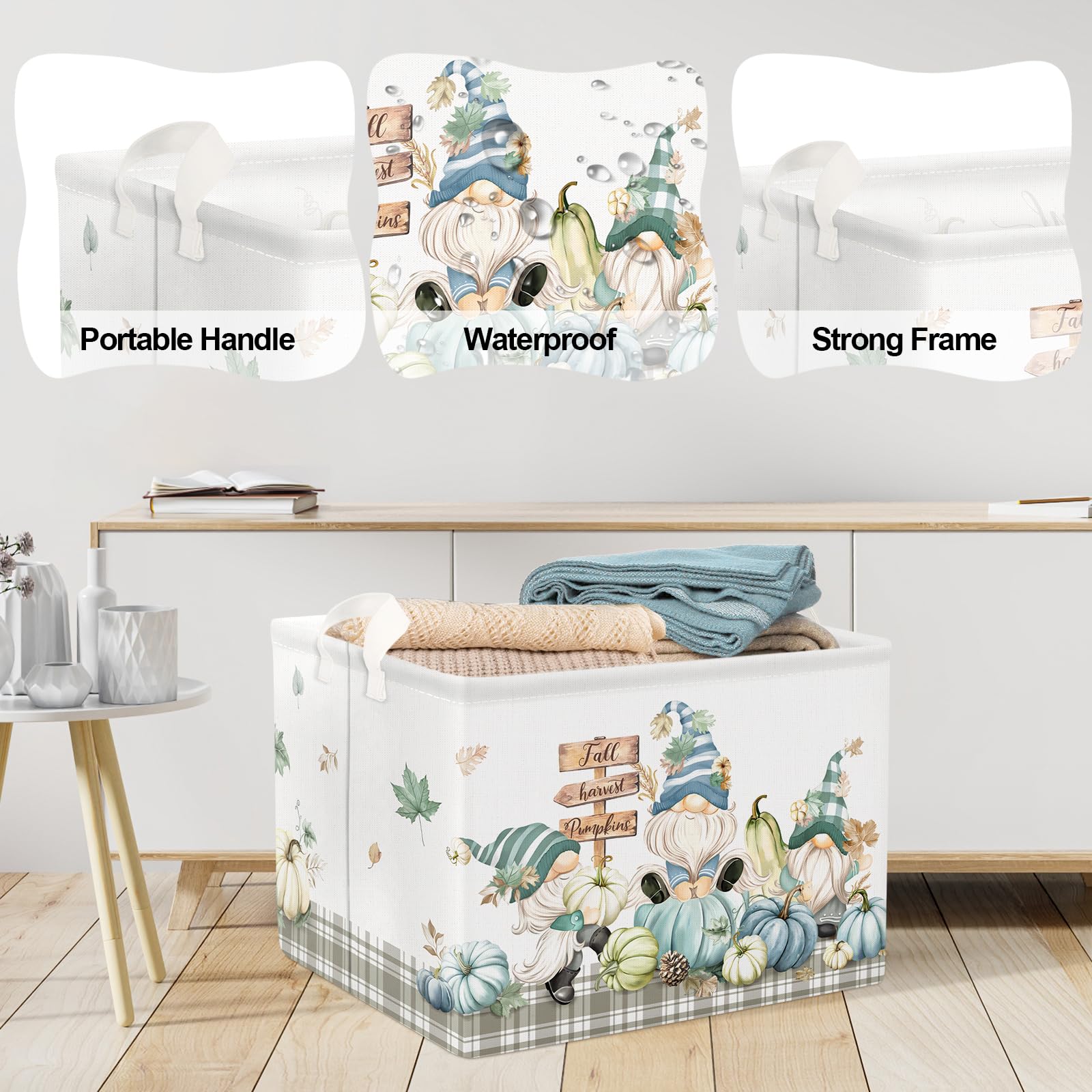 Clastyle Blue Pumpkin Gnome Thanksgiving Basket Harvest Buffalo Plaid Truck Maple Leaf Fall Gift Bin Farm Autumn Shelf Basket for Clothes Toy Book
