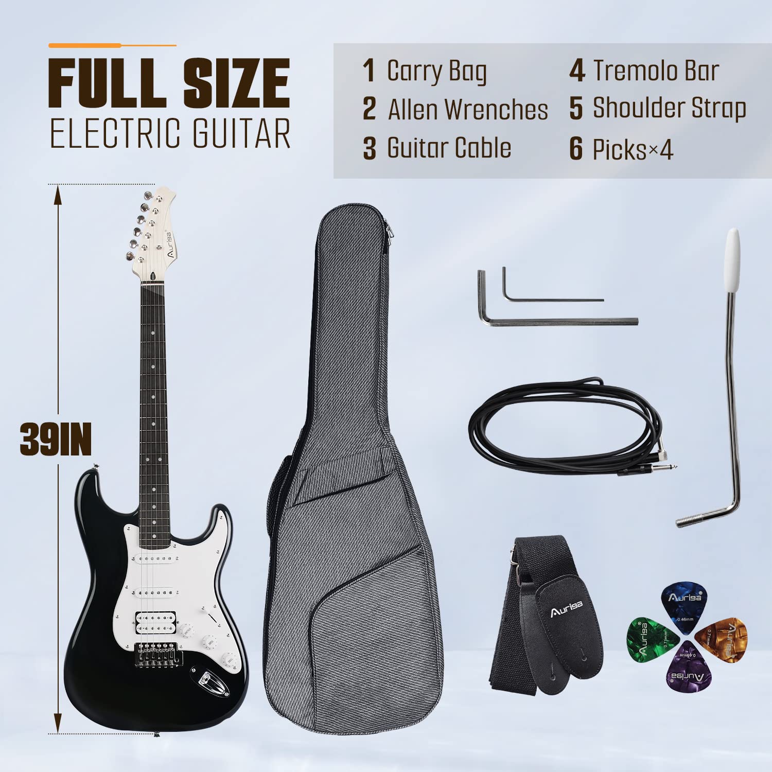 Auriga 39 Inch Electric Guitar (Black-White), 6 string Beginner Guitar Kit with Gig Bag, Tremolo Bar, Strap, Cable, Picks, Hex Wrench