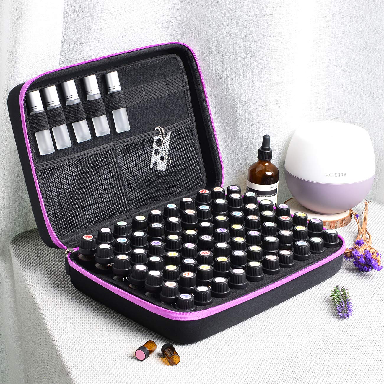BES CHAN Essential Oil Carrying Organizer Storage Case for 70 Roller Bottles 5/10/15/20ml Small bottles with Free Writable Labels Opener Holds Purple-13.2" Lx9.4 Wx3.7 H