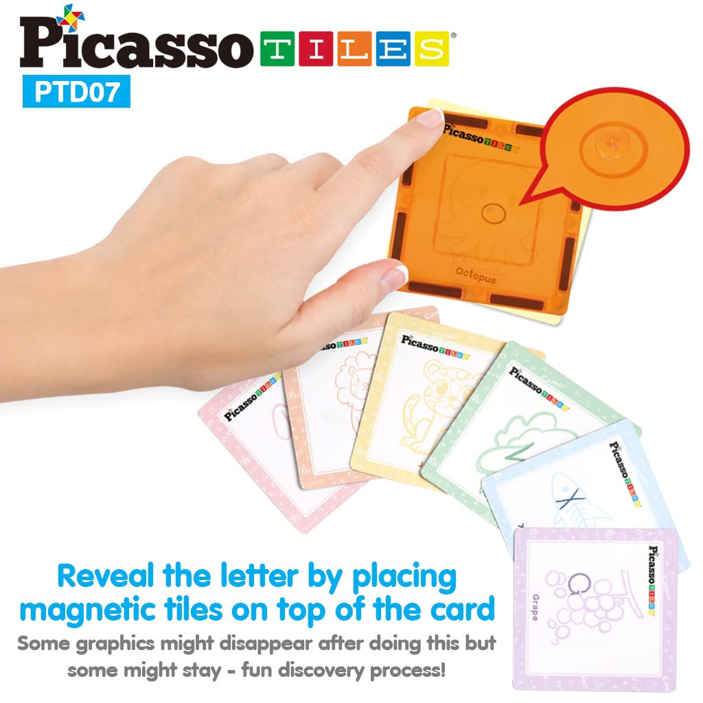 PicassoTiles Magnetic Building Tiles Learning Set with Animal, Food and Letters Card Magnet Block Combo Set Attachable Magnify STEM Educational Construction Set for Boys & Girls Ages 3+