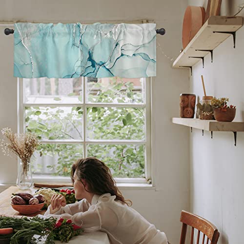 Kitchen Valances for Windows, Marble Texture Abstract Teal Blue and White Gold Glitter Splatter Kitchen Curtains, Short Curtains Rod Pocket Small Window Curtains 54"x18" Bathroom Curtains Window