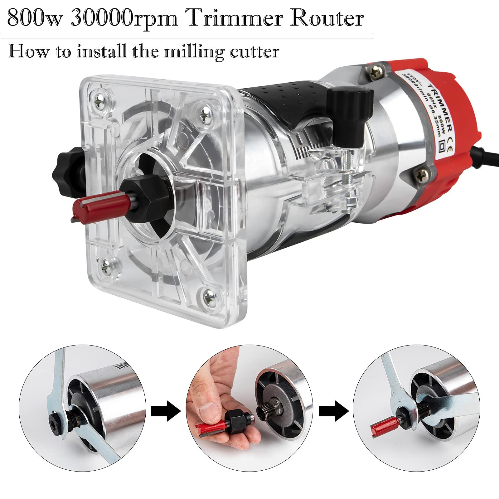 Compact Wood Router Tool 110V Electric Hand Woodworking Trimmer Palm Router kit with Gloves 15 PCS Router Bits (800W)