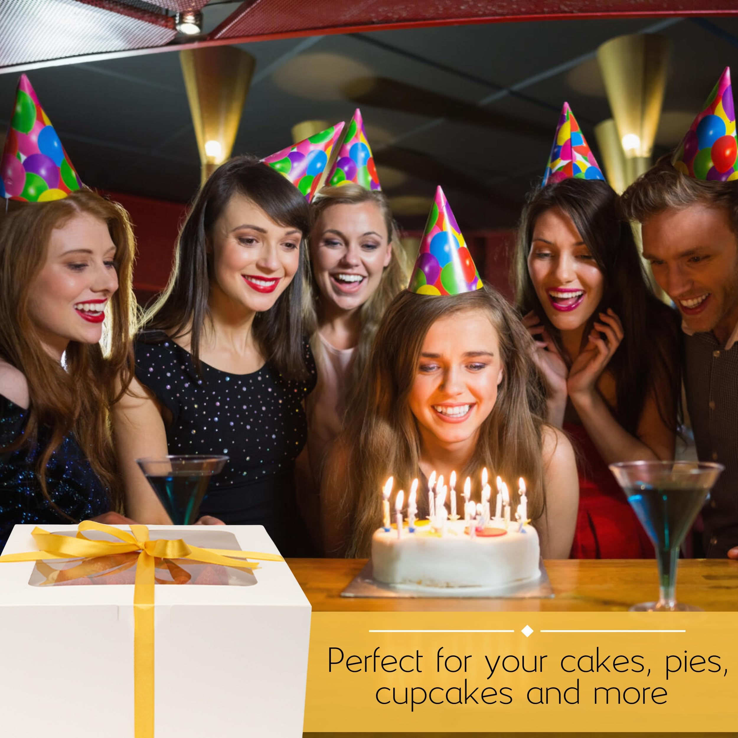 BELMAKS 10 Inch Cake Box Set β Disposable Cake Containers with Lids and Gold Ribbon Bakery Boxes with Window Tall Cake Boxes 10 Inch and 10 Inch Cake Drum Paper Box for Cake with Ribbon and Cake Board