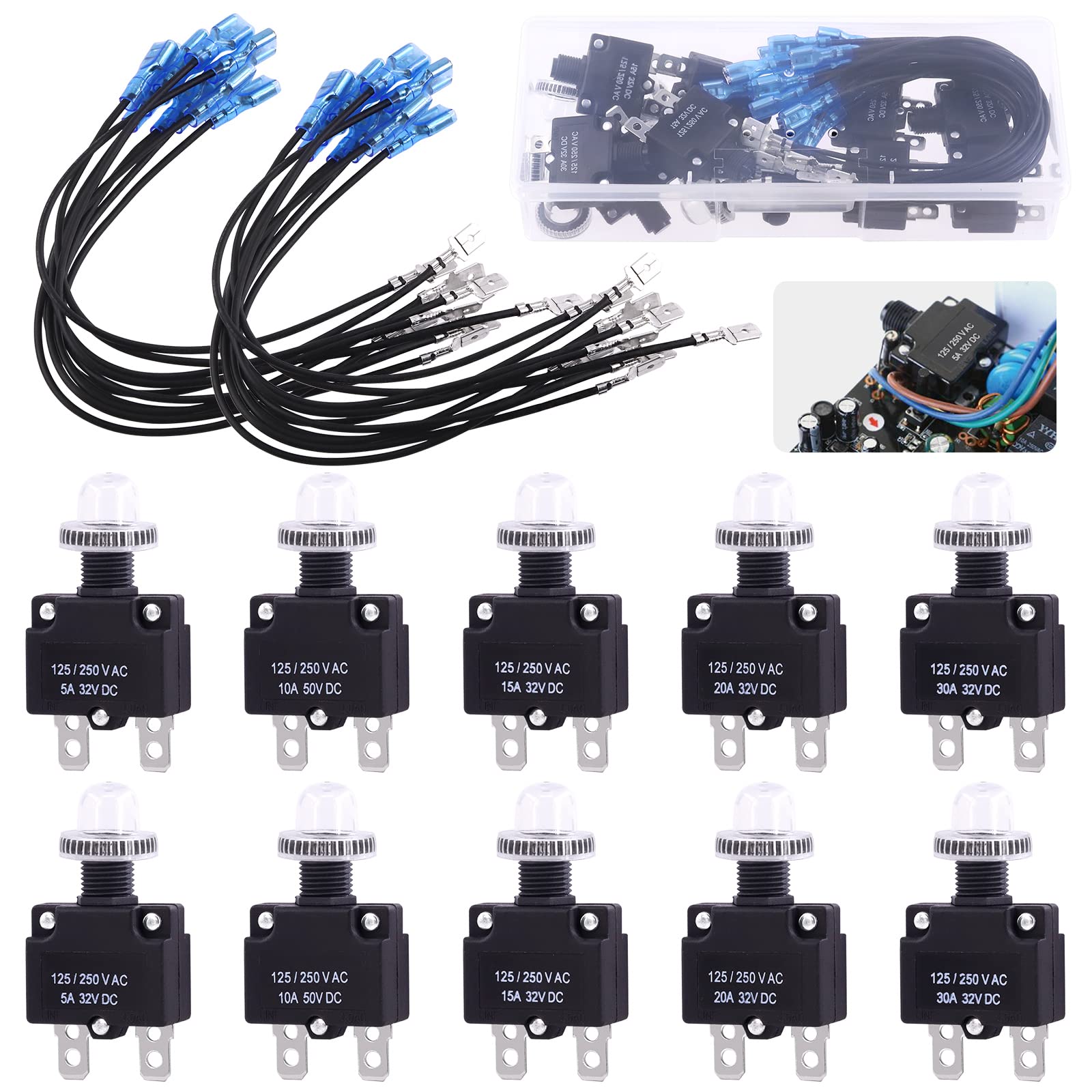 Keadic 20Pcs 20A Push Button Circuit Breaker with Manual Reset Assorted Set AC125-250V 32VDC Thermal Circuit Breaker with 19cm Wire Leads, Female Spade Terminals and Waterproof Button Transparent Cap