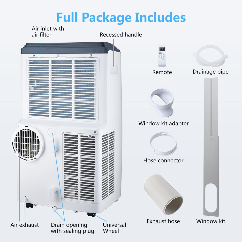 Portable Air Conditioner - Rintuf 12000 BTU Portable AC, Cools Rooms up to 550 Sq.ft, Also as Dehumidifier & Fan & Smart Timer, with Handy Remote, Washable Filter, Universal Wheels, Window Kit
