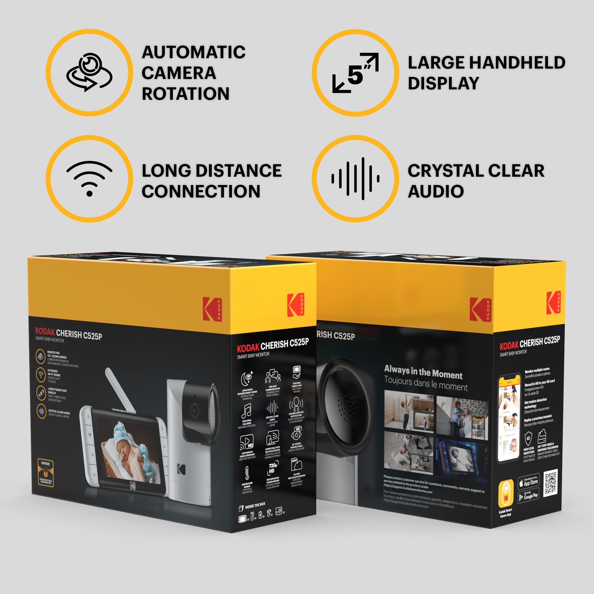 KODAK Cherish C525P Smart Video Baby Monitor, Video for Clear and Confident Check-Ins, User-Friendly Setup and Use and Battery-Life Lasting Through Naptimes or The Whole Night