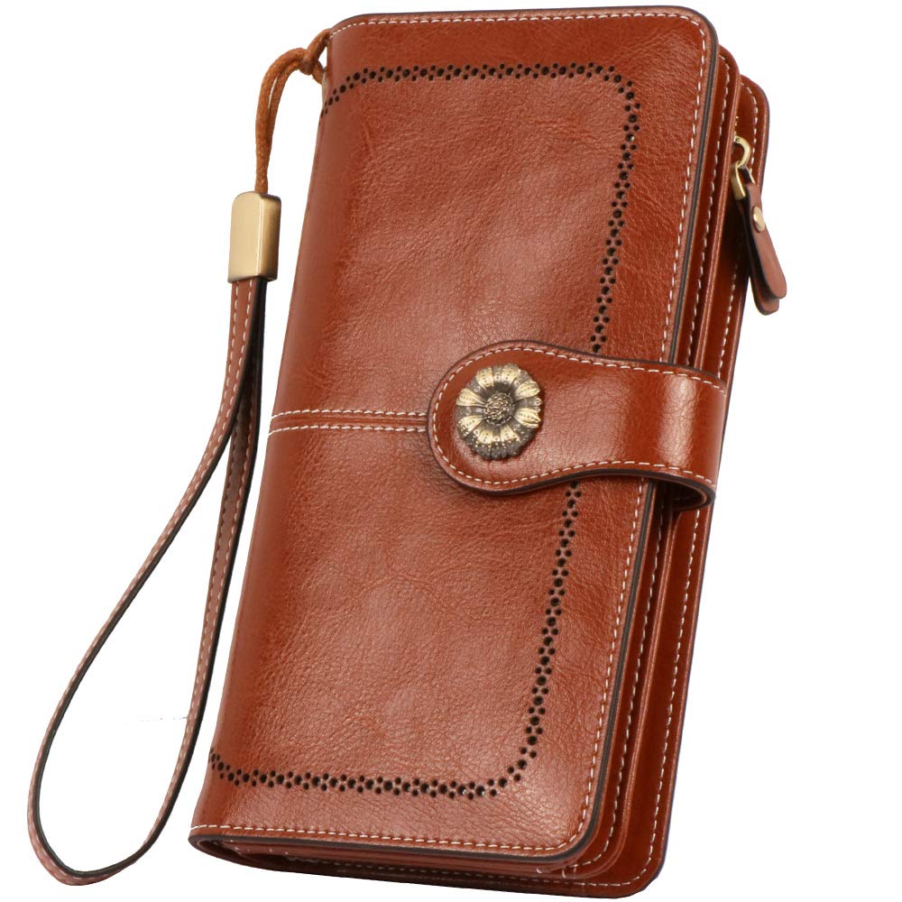 Pearl Angeli Women Wallet Genuine Leather Charming Ladies Wristlet Tri-fold Rfid Blocking Credit Card Holder Organizer Clutch(Brown)