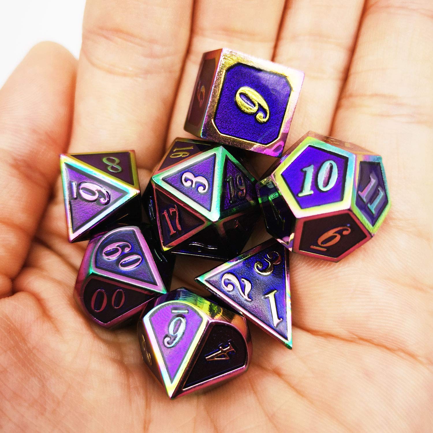 Haxtec Metal DND Dice Set Rainbow Purple D&D 7PCS of D20 D12 D10 D8 D6 D4 for Dungeons and Dragons TTRPG Games