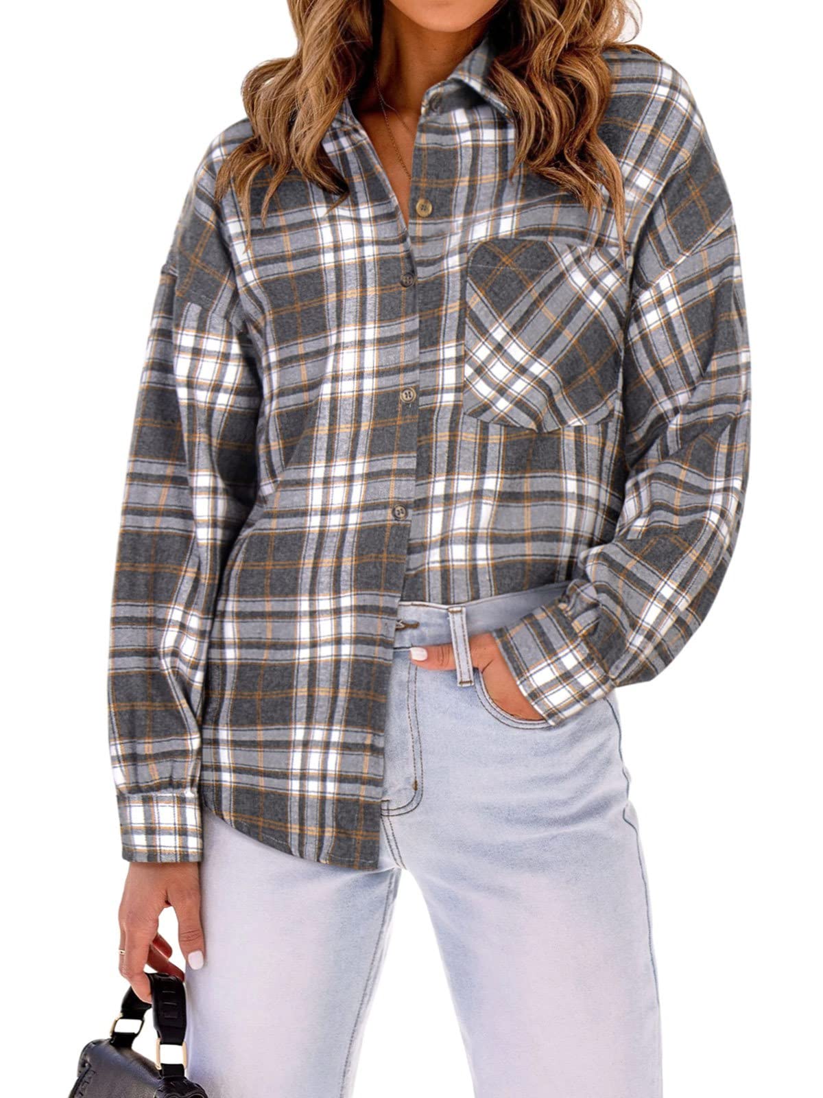 Berryou Flannel Shirts for Women Casual Plaid Button Down Shirt Long Sleeve Blouse Tops Grey L