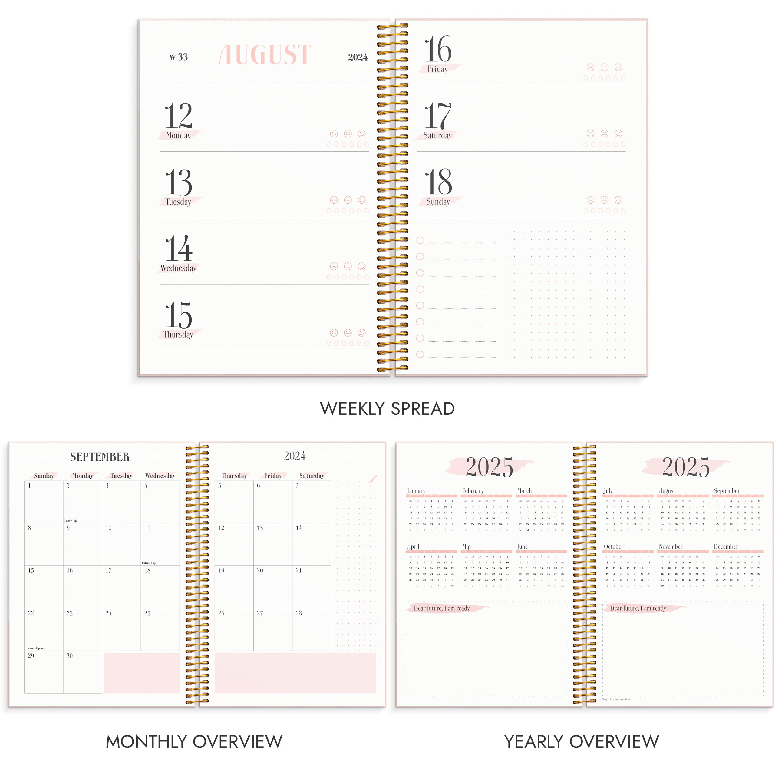 Burde Planner 2024 | Daily & Weekly Planner | Life Planner Pink Horizontal | 18 December 2023-5 January 2025 | Hardcover & Spiralbound A5 Format | Monthly & Yearly Overview | Stickers Included