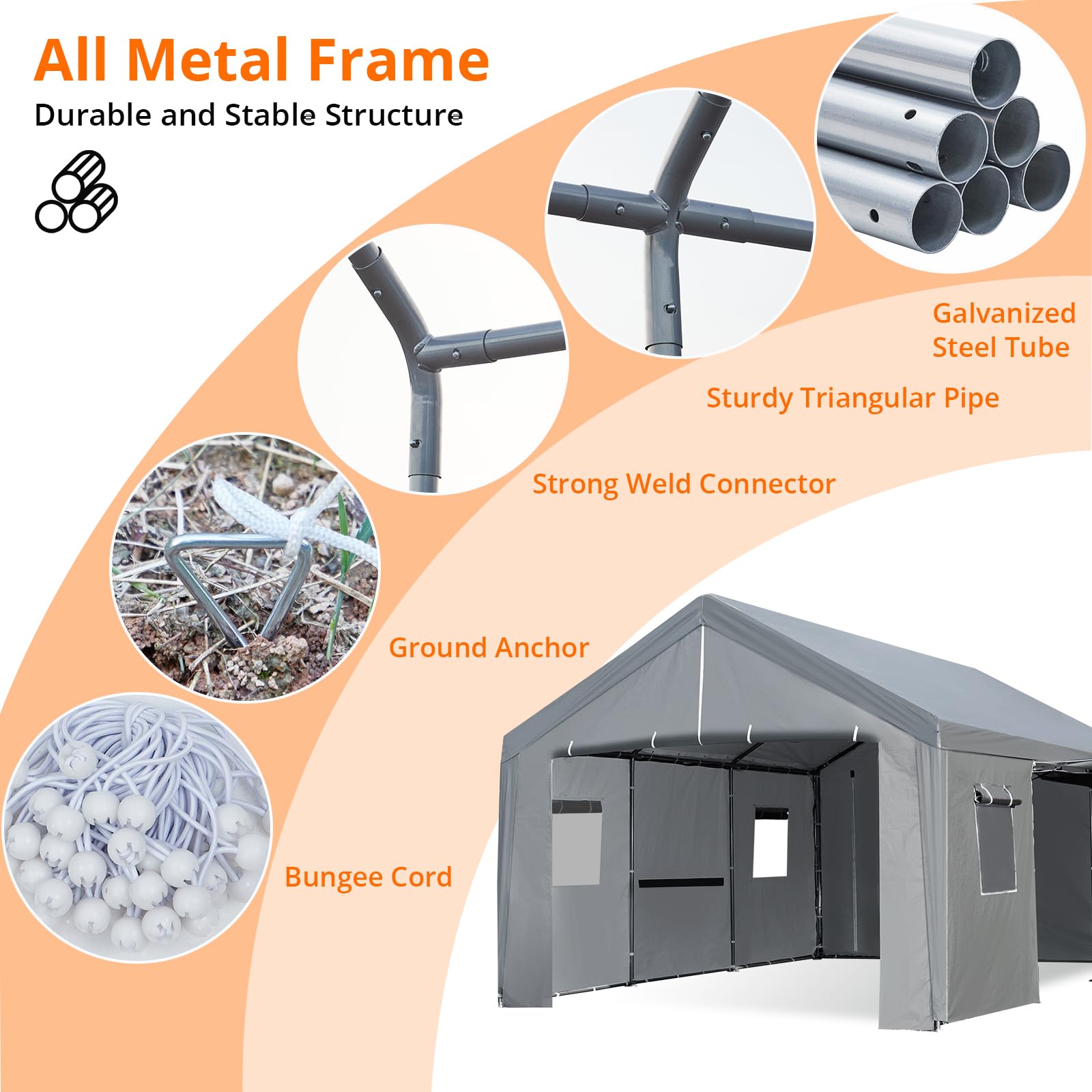 Carport Canopy 10x20 Heavy Duty, Car Tent with Sidewalls & Doors Removable & Roll-up and Down mesh Windows, Portable Garage All Weather, Car Canopy for SUV & Boats & Truck, Gray